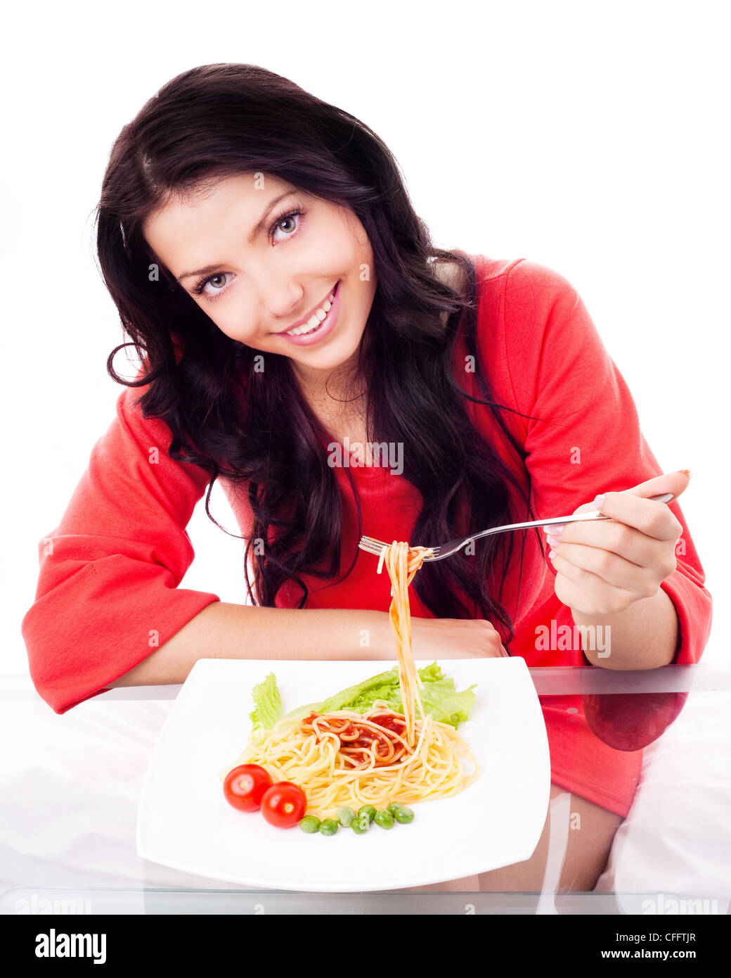 beautiful woman eating spaghetti Stock Photo - Alamy
