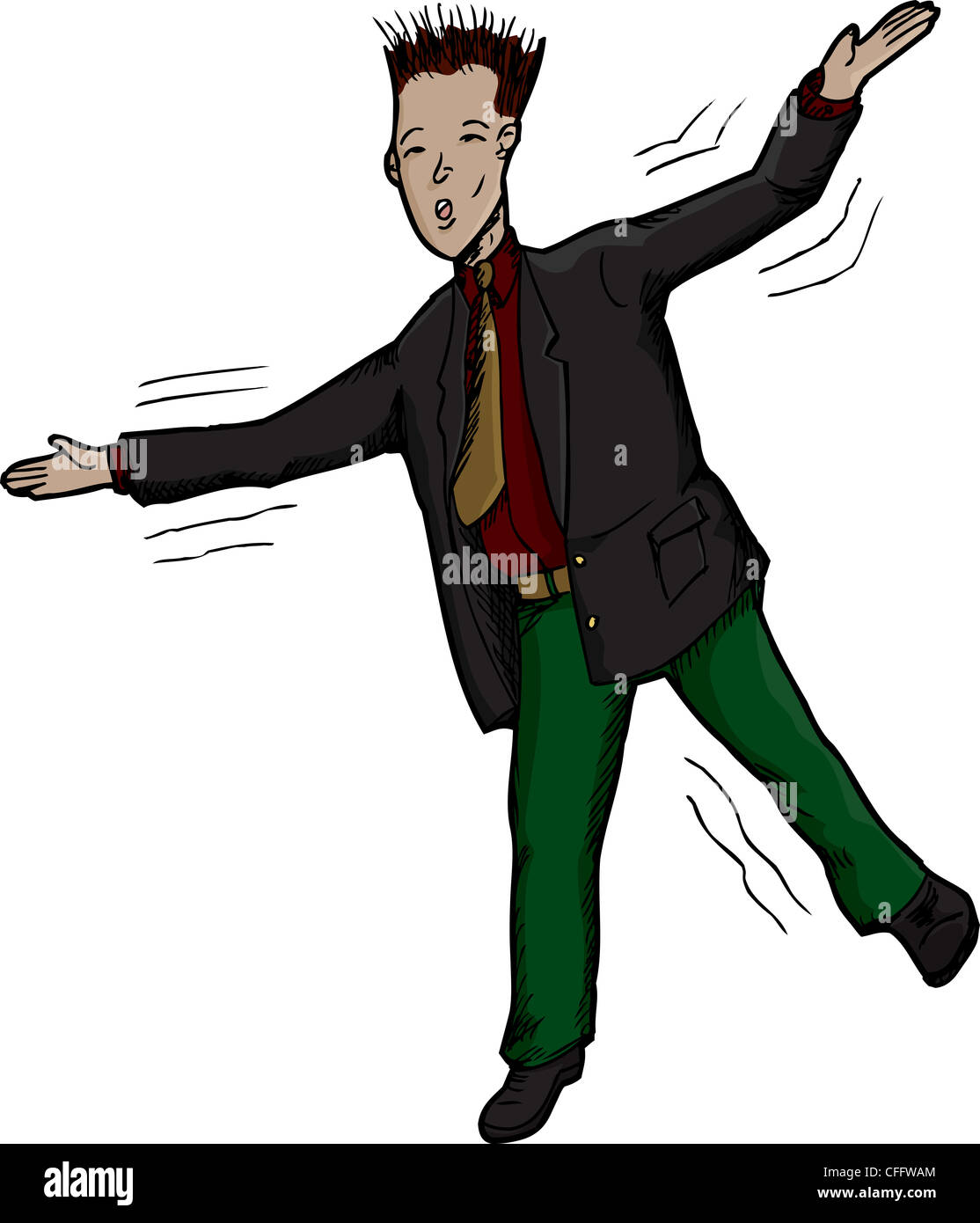 Businessman on one foot losing balance with arms up Stock Photo - Alamy