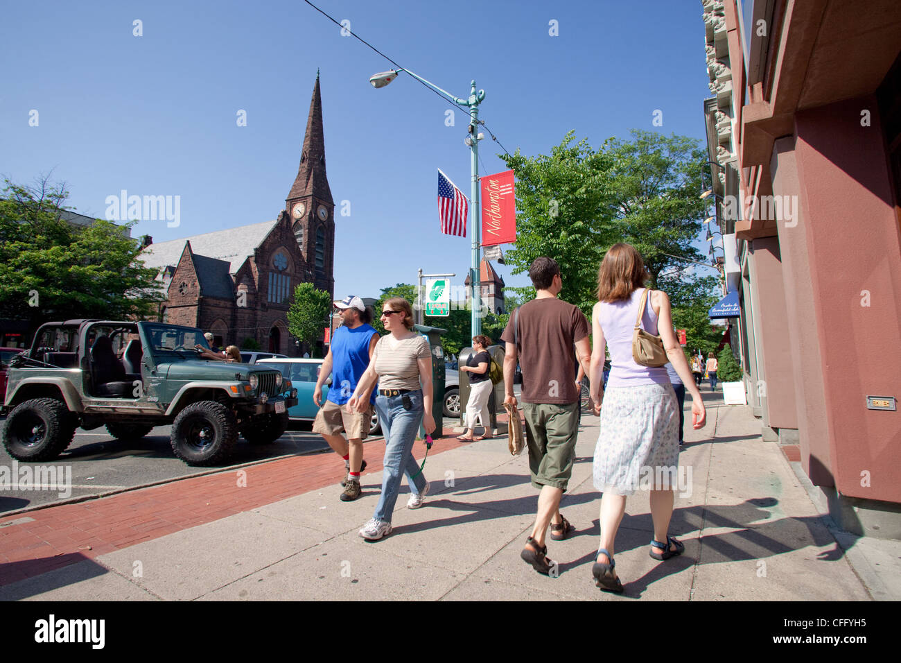 People walking along the main street in Northampton, Massachusetts ...