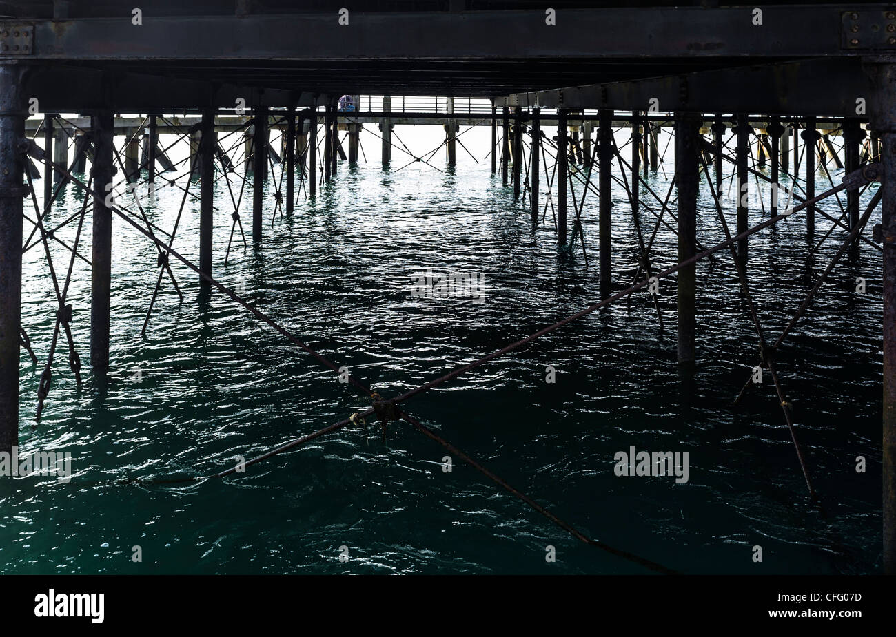 View under Worthing Pier at high tide Stock Photo - Alamy