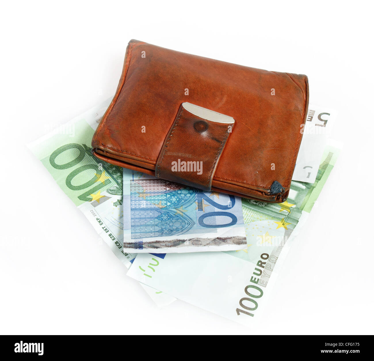 Leather wallet with euro banknotes on white background Stock Photo - Alamy