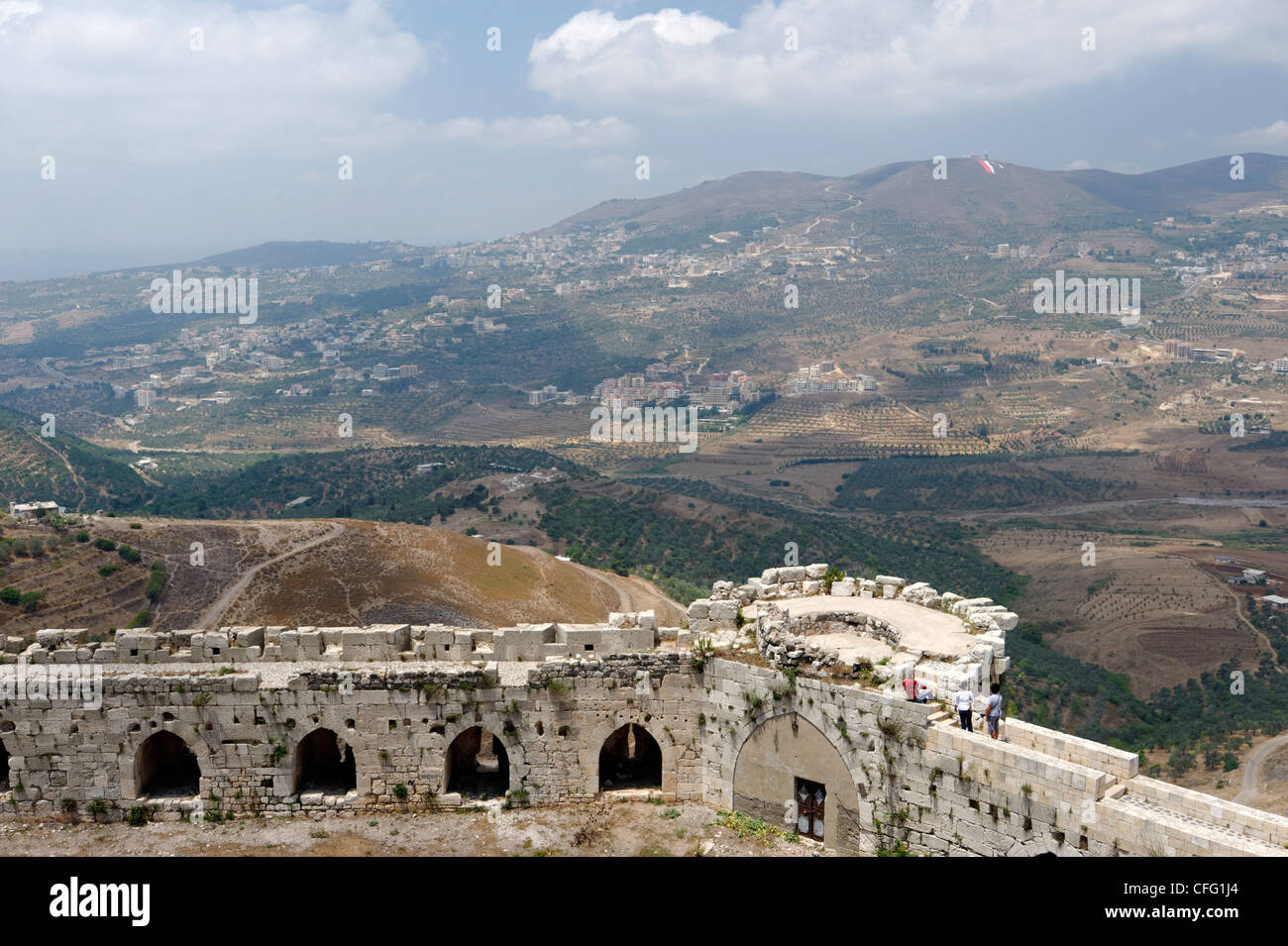Krak des Chevaliers. Syria. View of the valley below and the outer wall ...