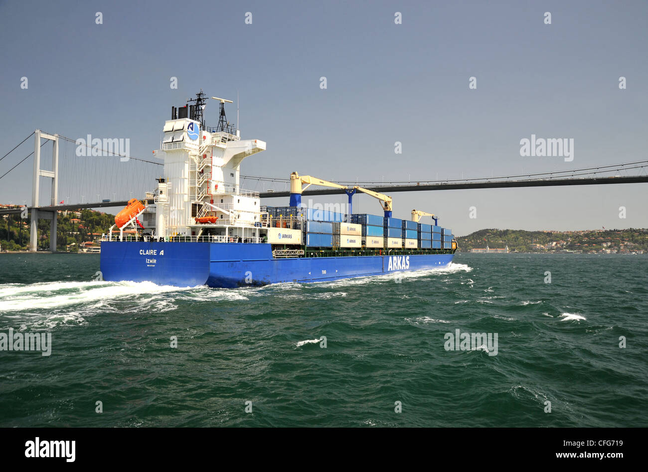 Cargo container ship goes under The First Bosphorus Bridge on the ...