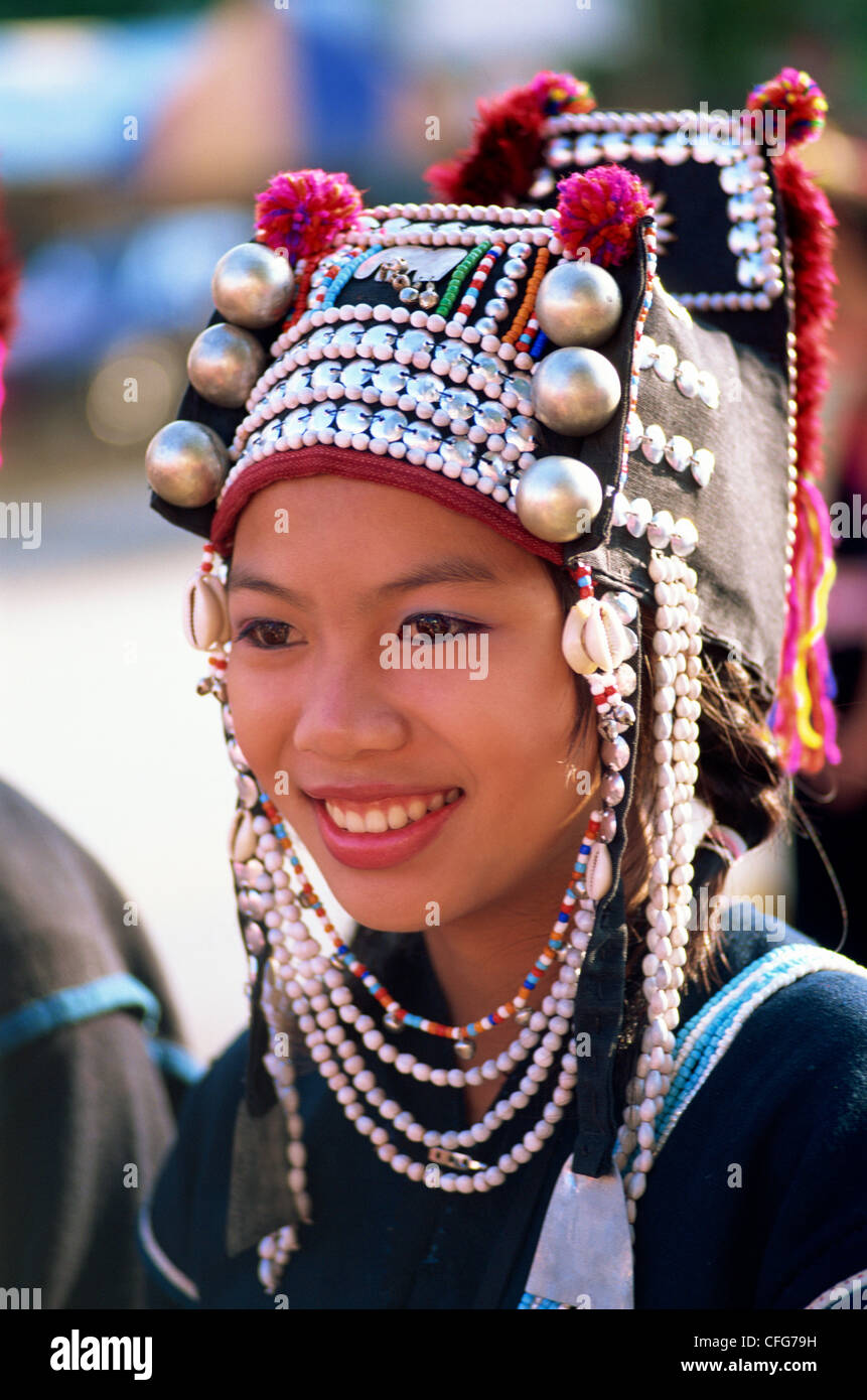 Thailand, Golden Triangle, Chiang Rai, Akha Hilltribe Girl Wearing ...