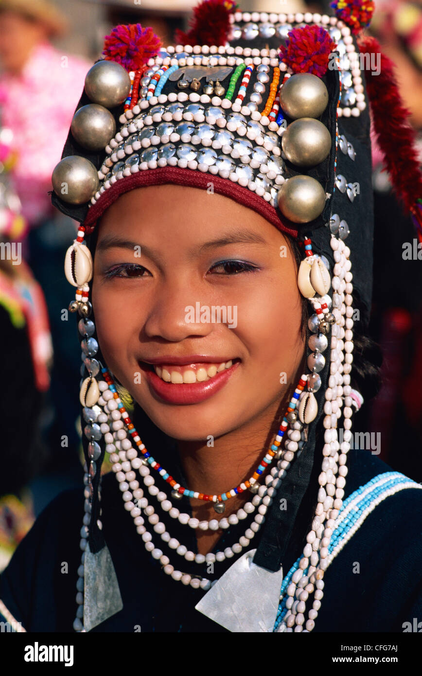 Thailand, Golden Triangle, Chiang Rai, Akha Hilltribe Girl Wearing ...