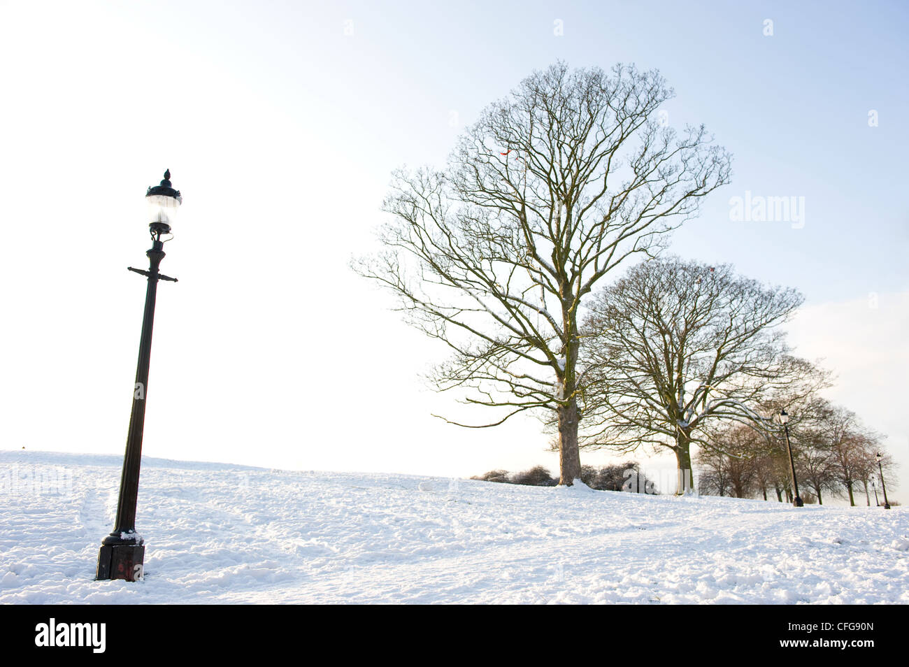 A path, street lamp and trees in the thick snow on Primrose Hill in ...