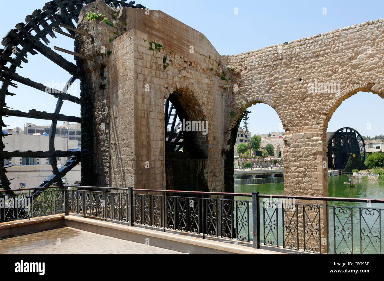 Hama. Syria. Partial view of the enormous wooden water wheel known as ...