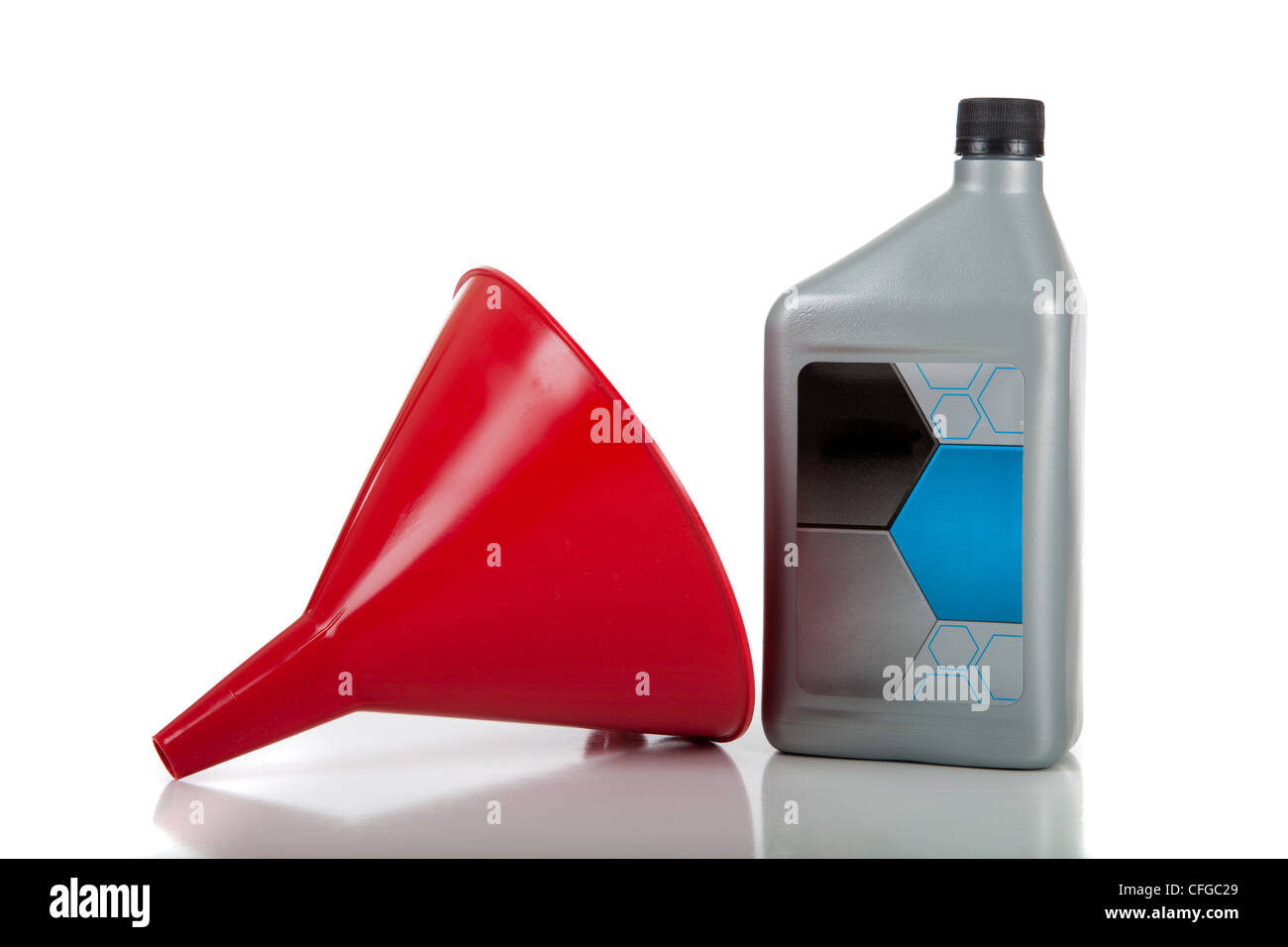 A red funnel with a container of engine oil Stock Photo - Alamy