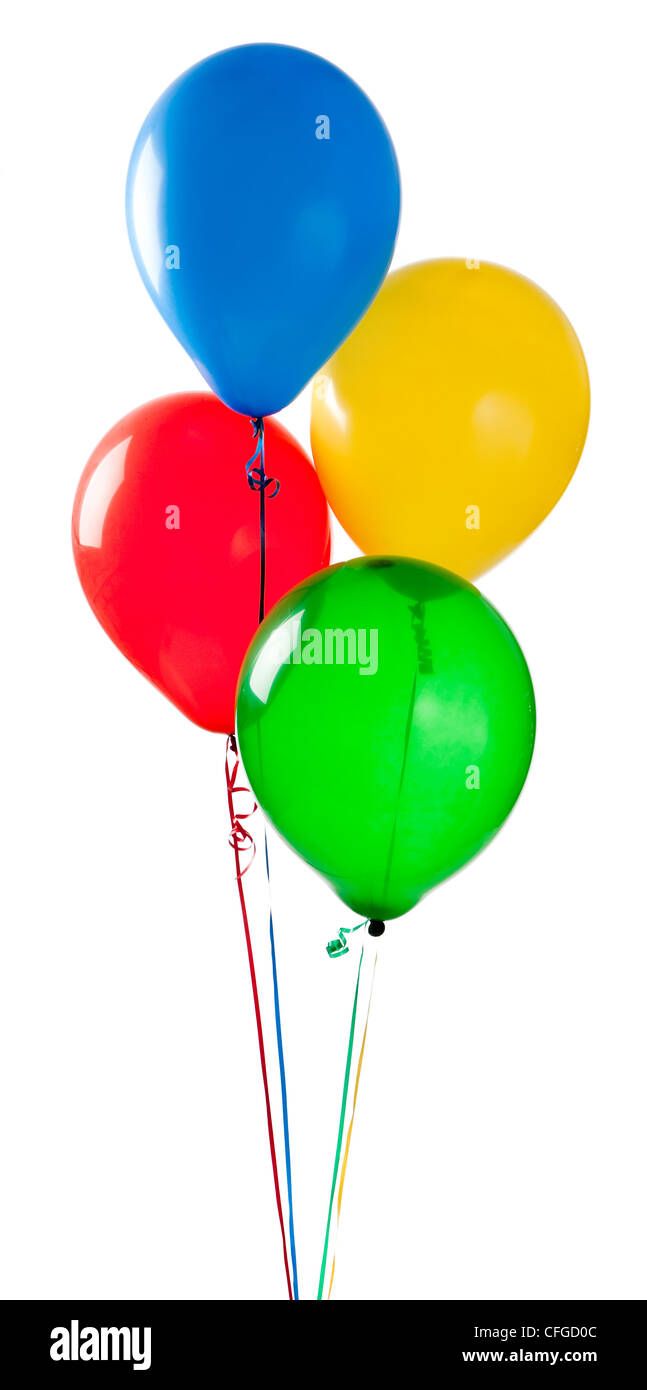 A group of red, yellow, green and blue balloons on a white background ...