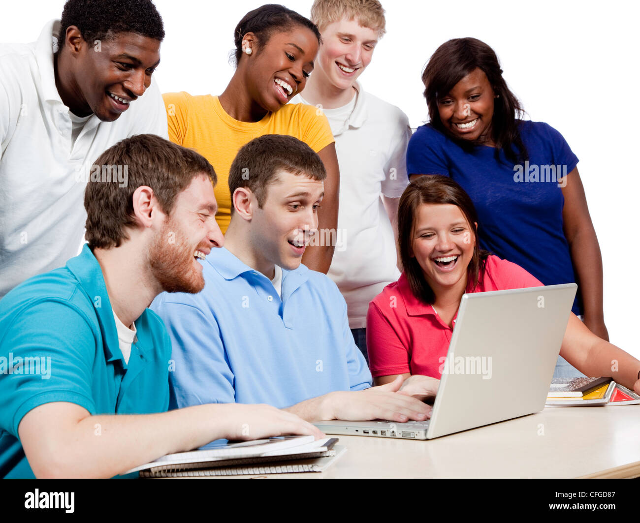 Multicultural College students/friends, male and female, gathered ...