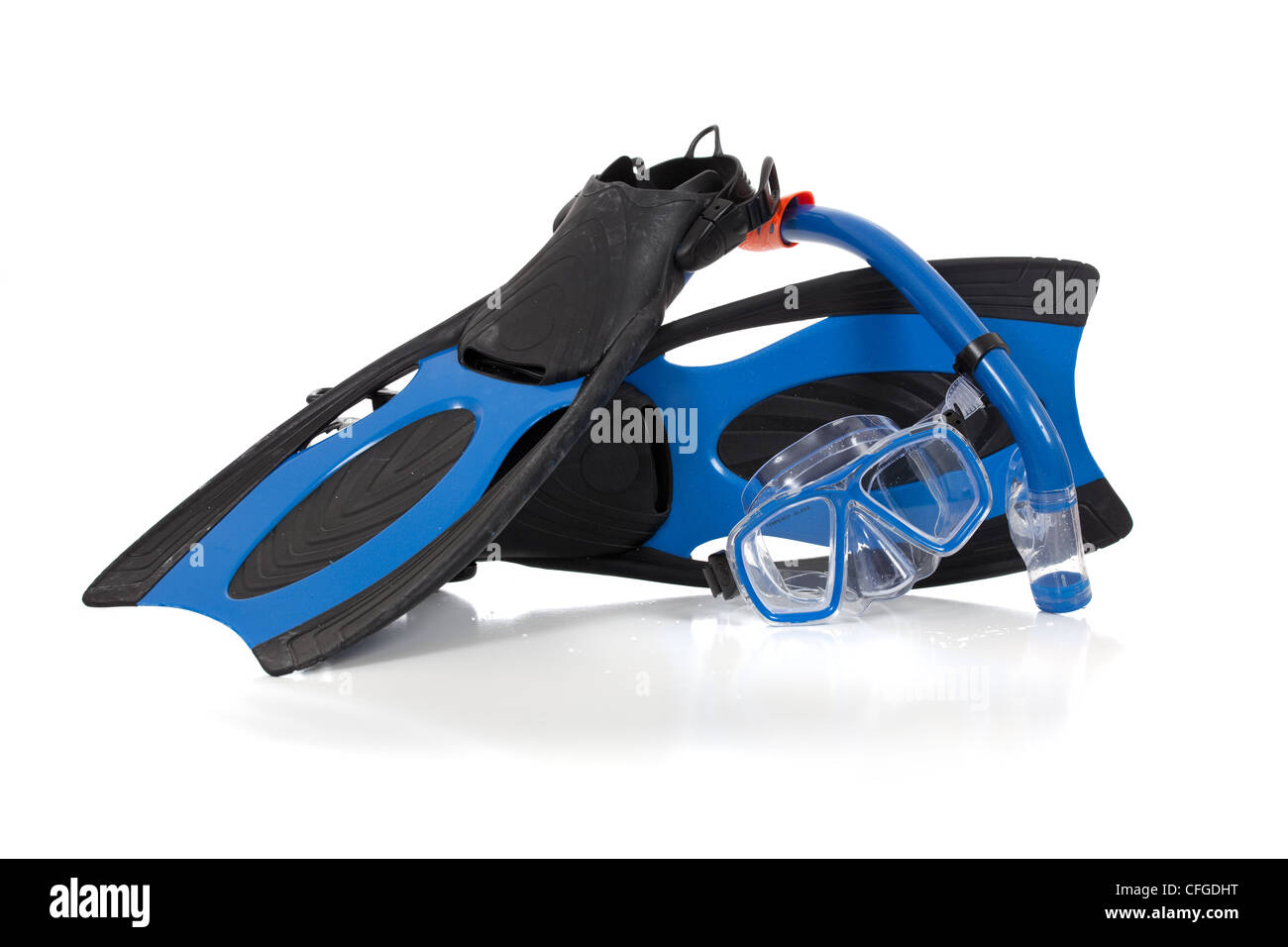 A set of blue diving fins, goggles and snorkel on a white background ...