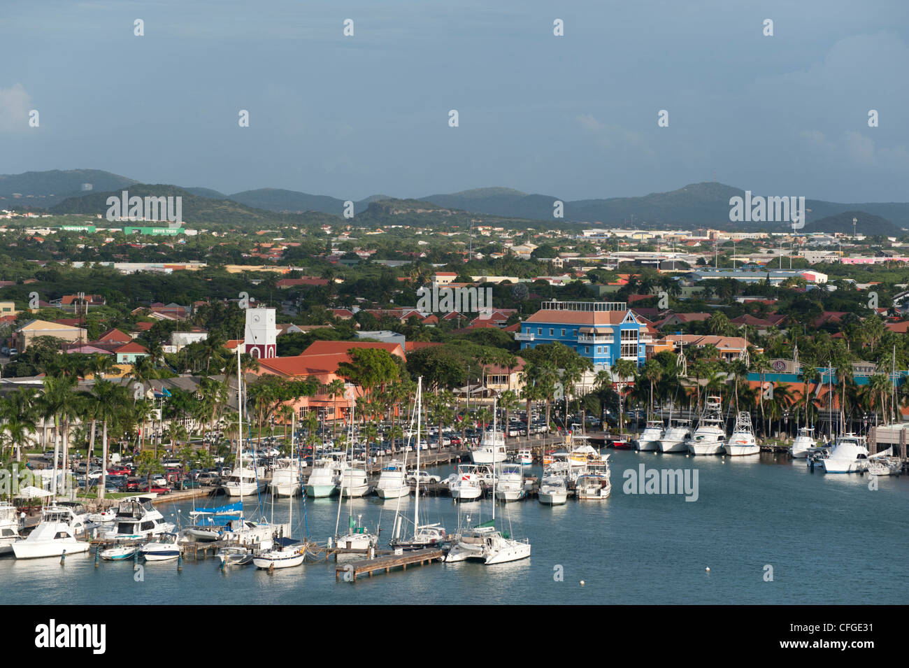 The Renaissance Marina and view over Oranjestad, Aruba, The Caribbean ...