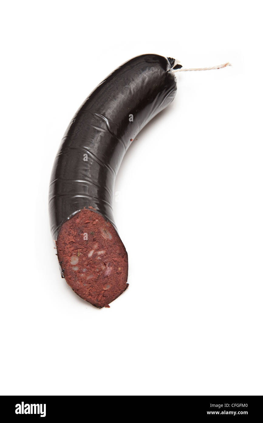 Black pudding or blood sausage isolated on a white studio background ...