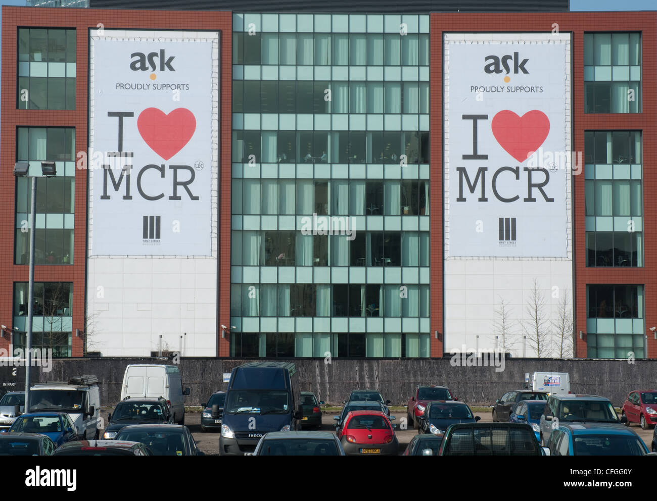 I Love Manchester banners on the outside of Number One First Street ...