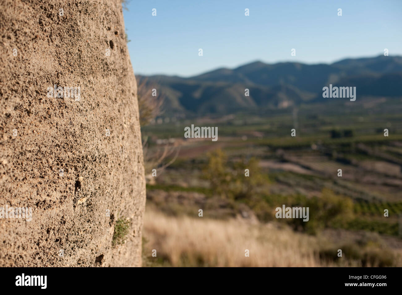 Close up of sandy limestone rock at the climbing crag of Montesa, Spain ...