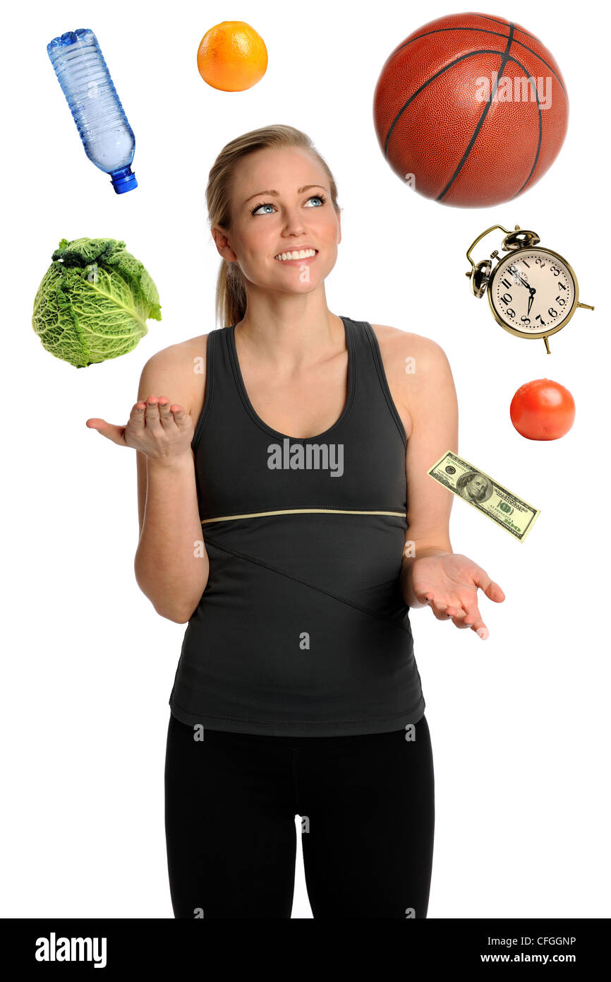 Young woman juggling healthy lifestyle isolated over white background ...