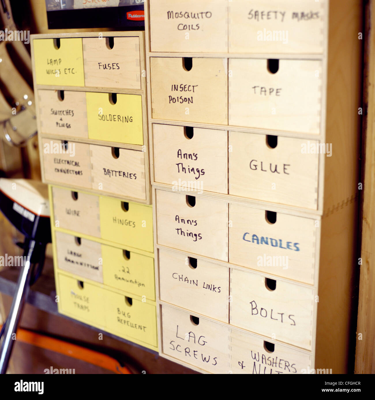 Wooden Drawers marked with Contents Stock Photo - Alamy