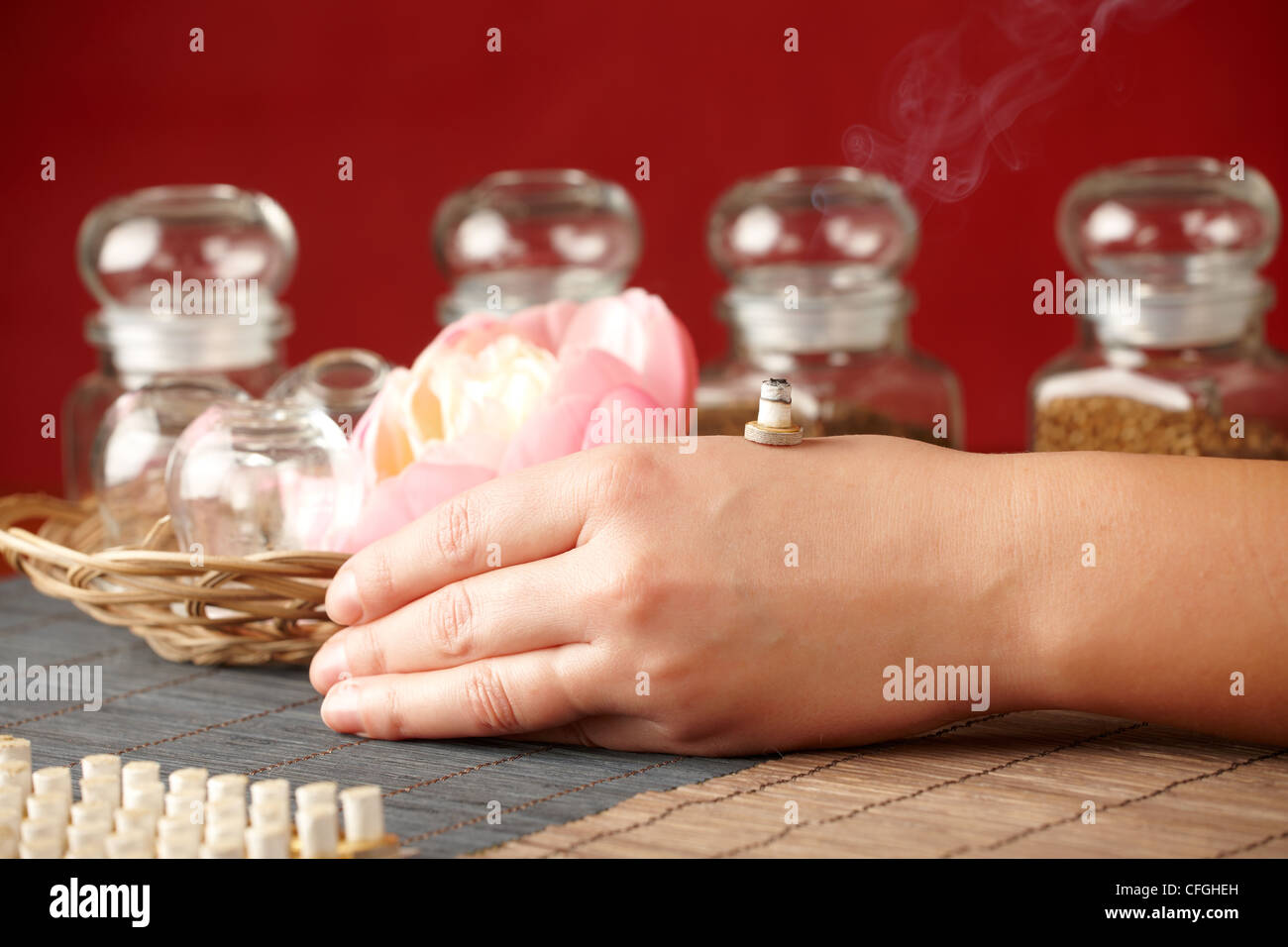 TCM Traditional Chinese Medicine. Smoking mini moxa stick, flower and ...