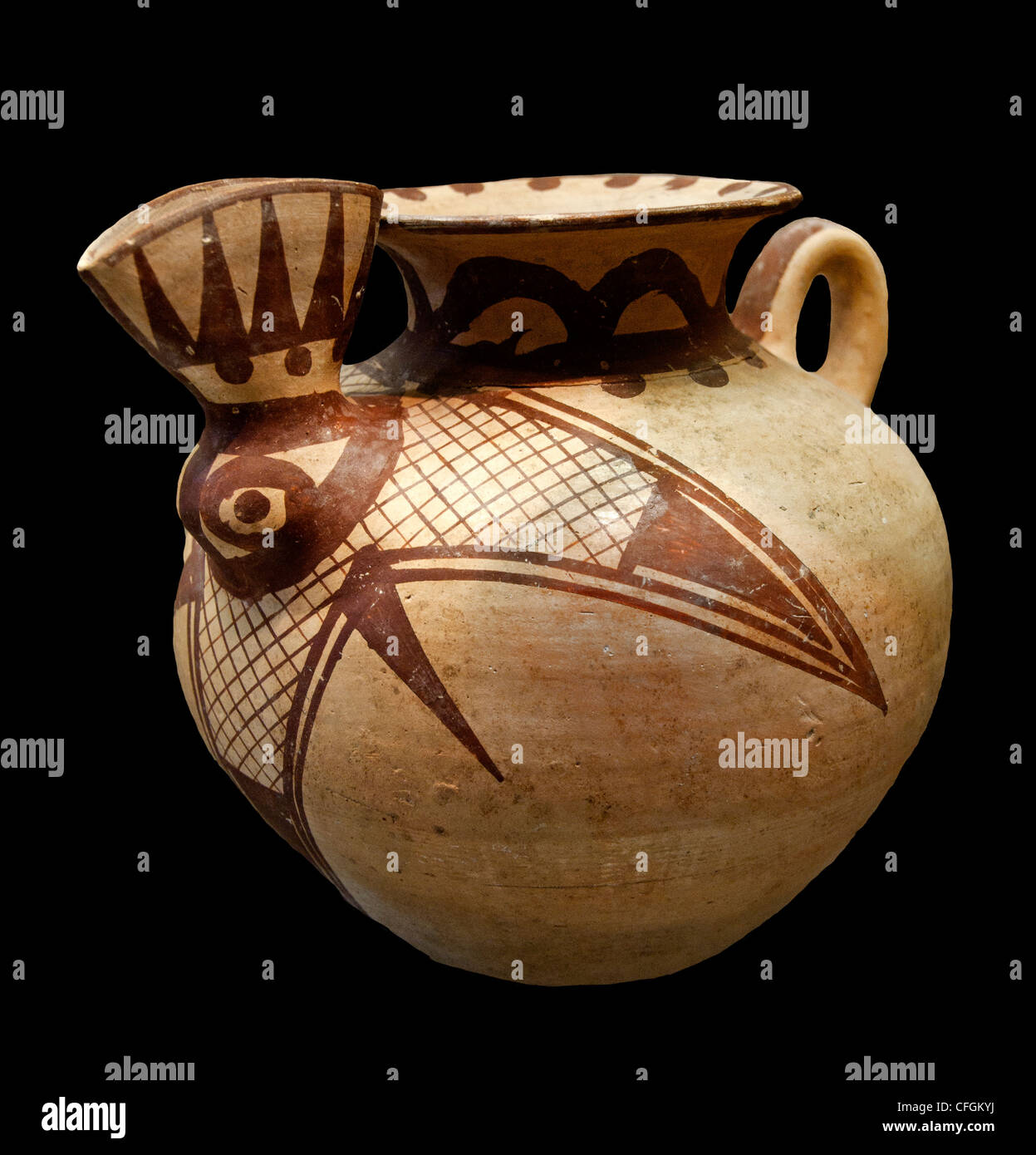 Jug has long spout gutter surmounted by a bird Pottery 8-7 Century BC ...