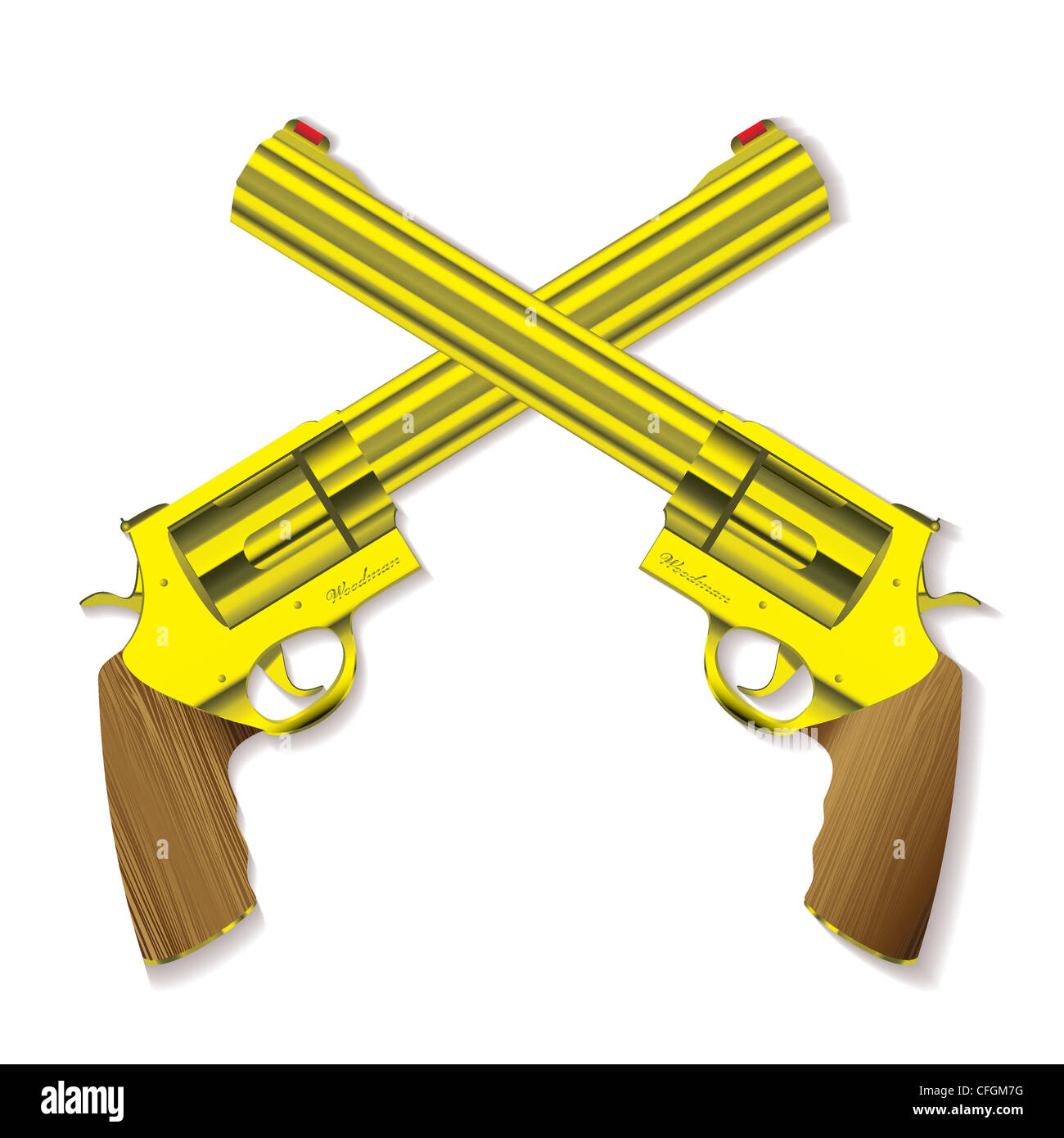 Old fashioned golden hand guns crossed with background shadow Stock ...