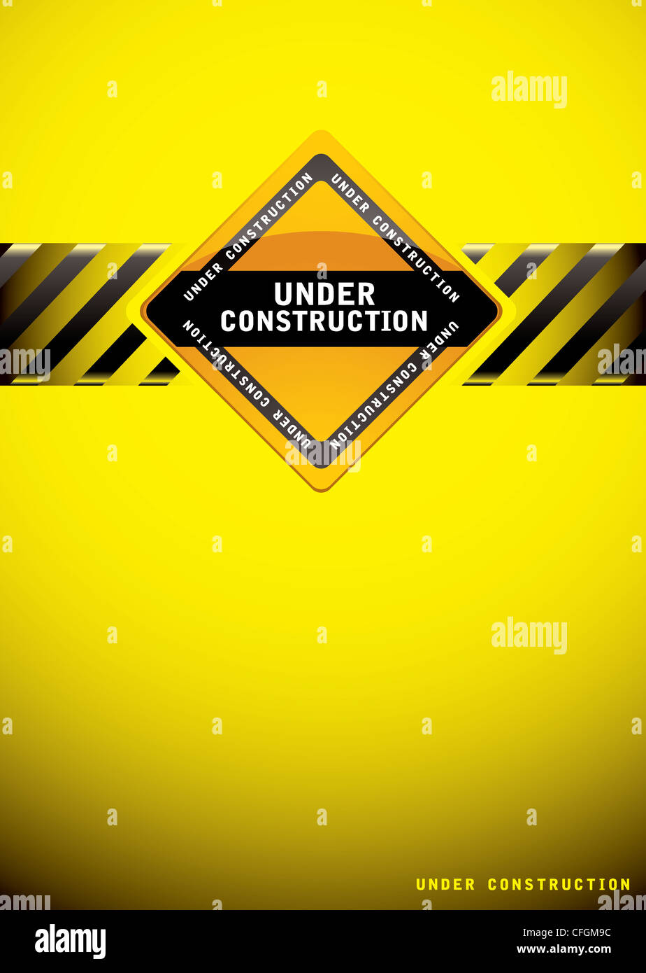 Yellow warning under construction background with sign and hash banner ...