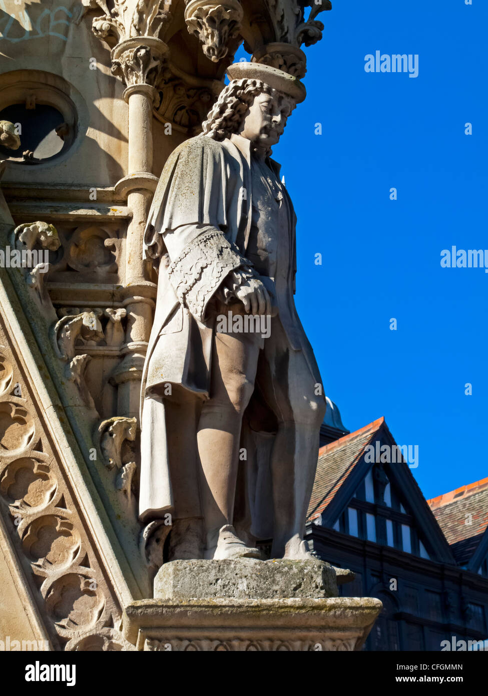 Detail of statue on a corner of the Haymarket Memorial Clock Tower in ...