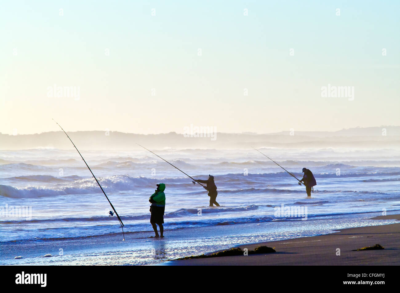 Fishermen try to hook a fish in the waves with long surf fishing rods ...