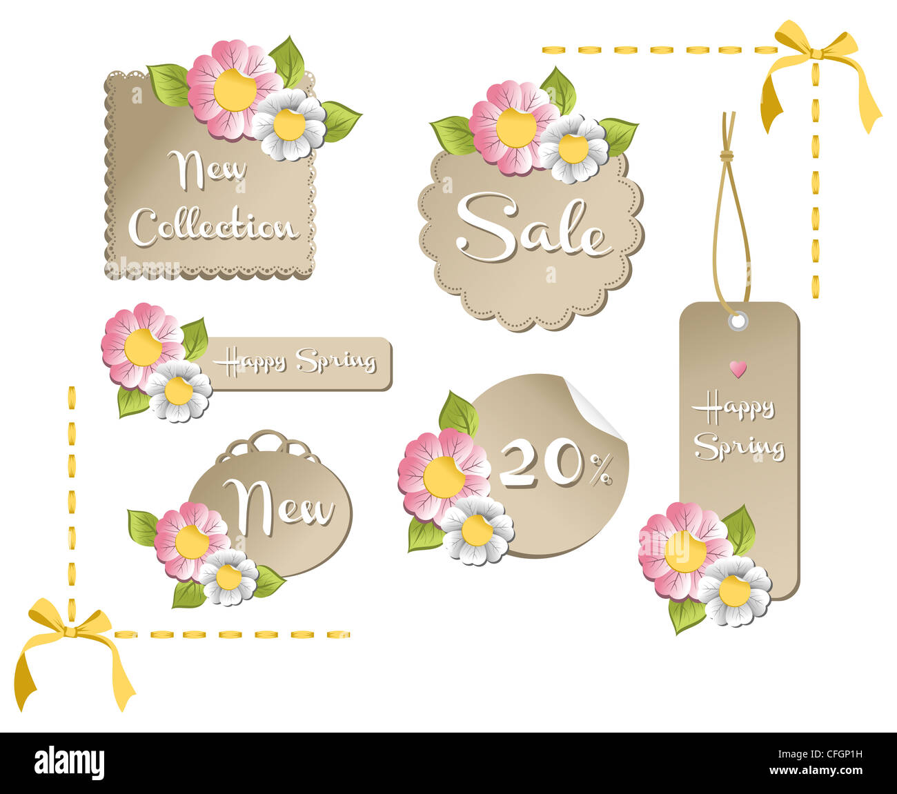 New happy spring labels collection with season flowers background ...