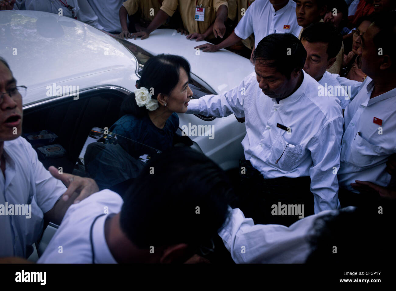 Aung San Suu Kyi arrives at the NLD headquarters during the election ...