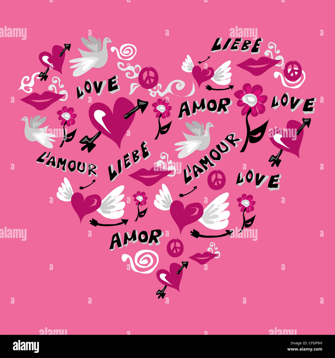 Love symbols composition in heart shape over pink background. Vector ...