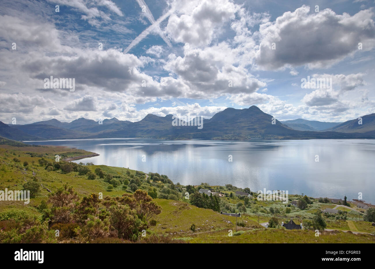 Scottish flag carved in the sky as a vapour trail above Inveralligin ...