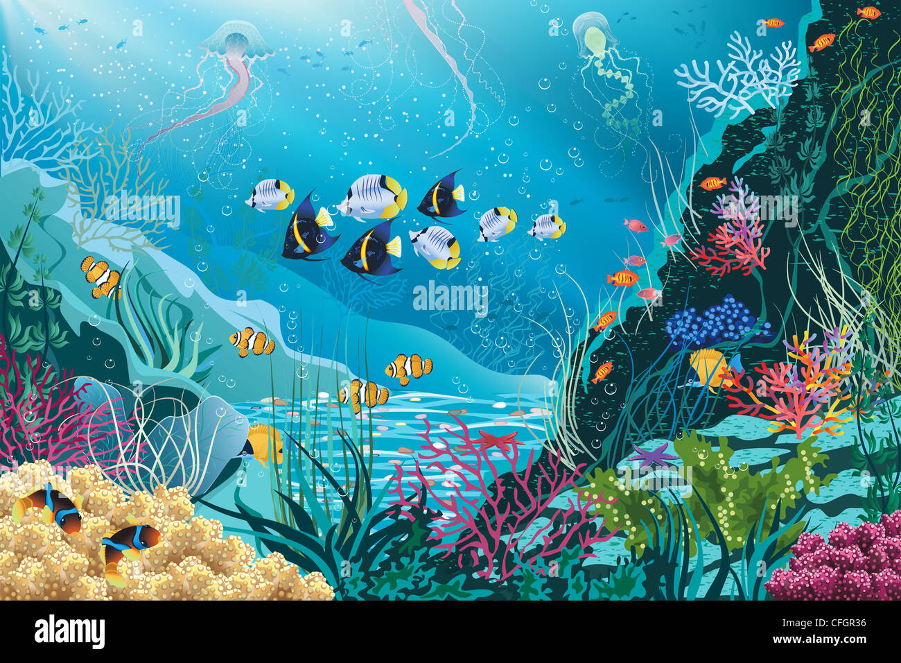 Illustration of an underwater landscape with various water plants and ...