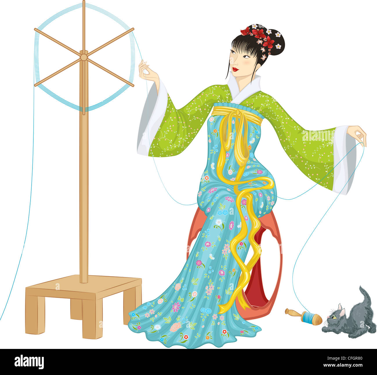 Beautiful Chinese woman sitting at a spinning wheel and making a spool ...