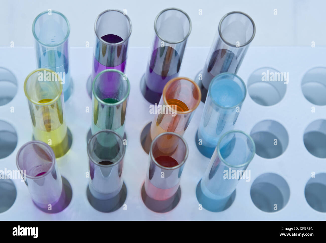 Upper view of some test tubes with colorful solutions in a stand Stock ...