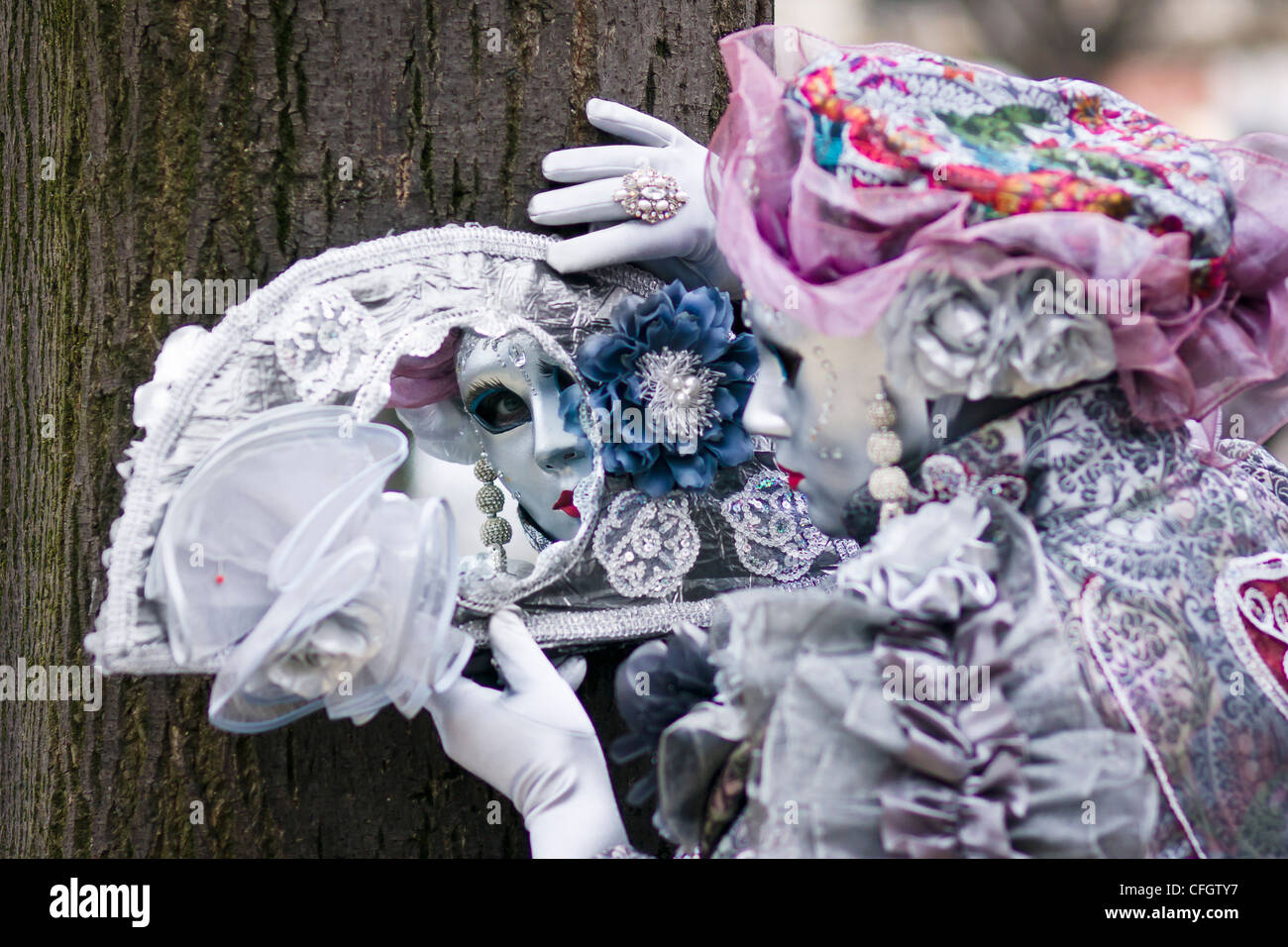 Venetian carnival mask costume parade Stock Photo - Alamy
