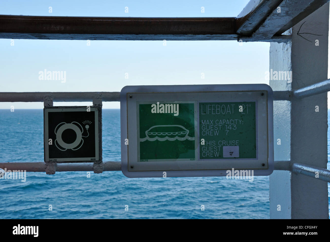 Cruise ship life boat sign Stock Photo - Alamy
