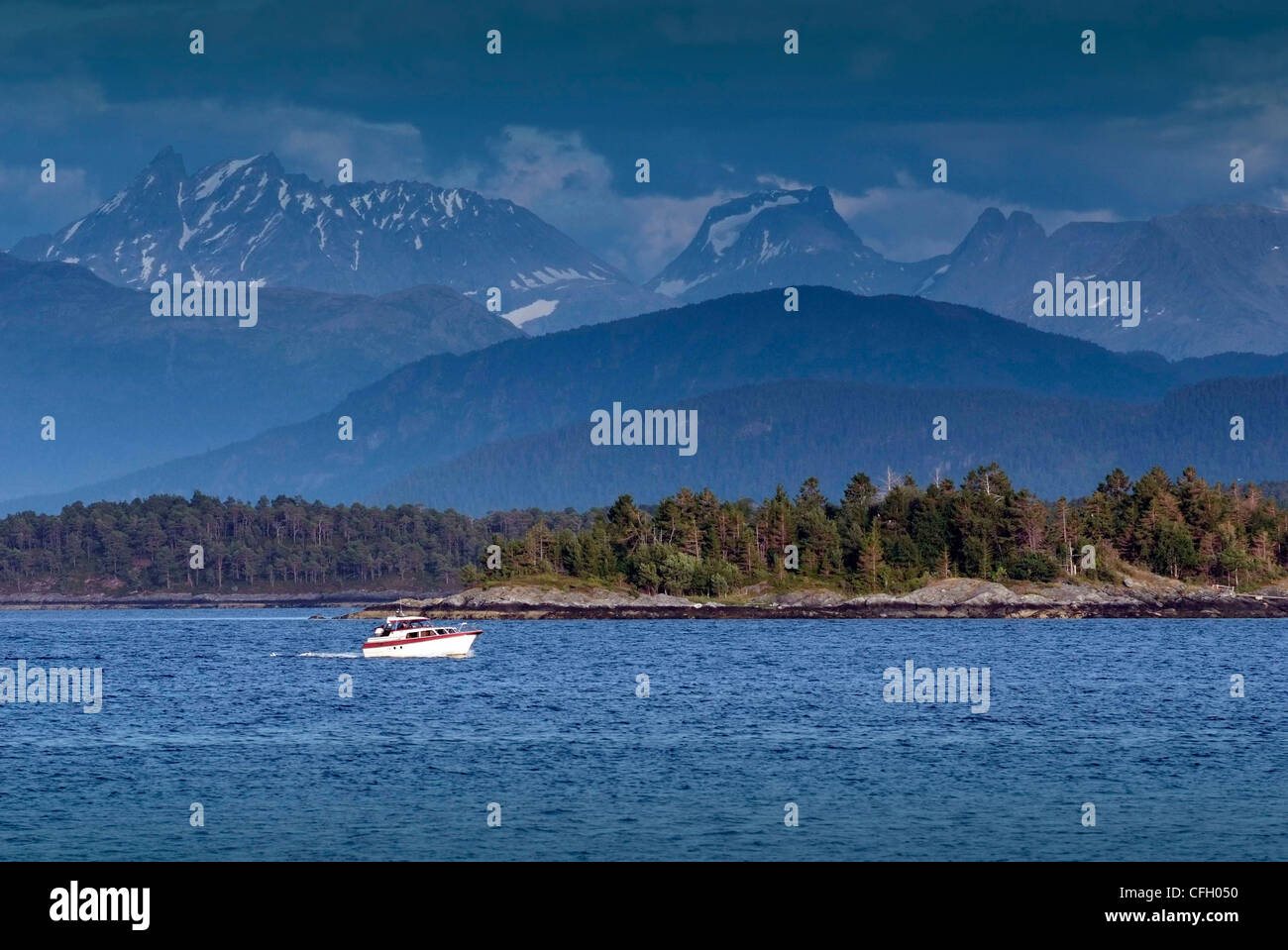 NORWAY Molde motor boat against the background of the Molde Panorama ...