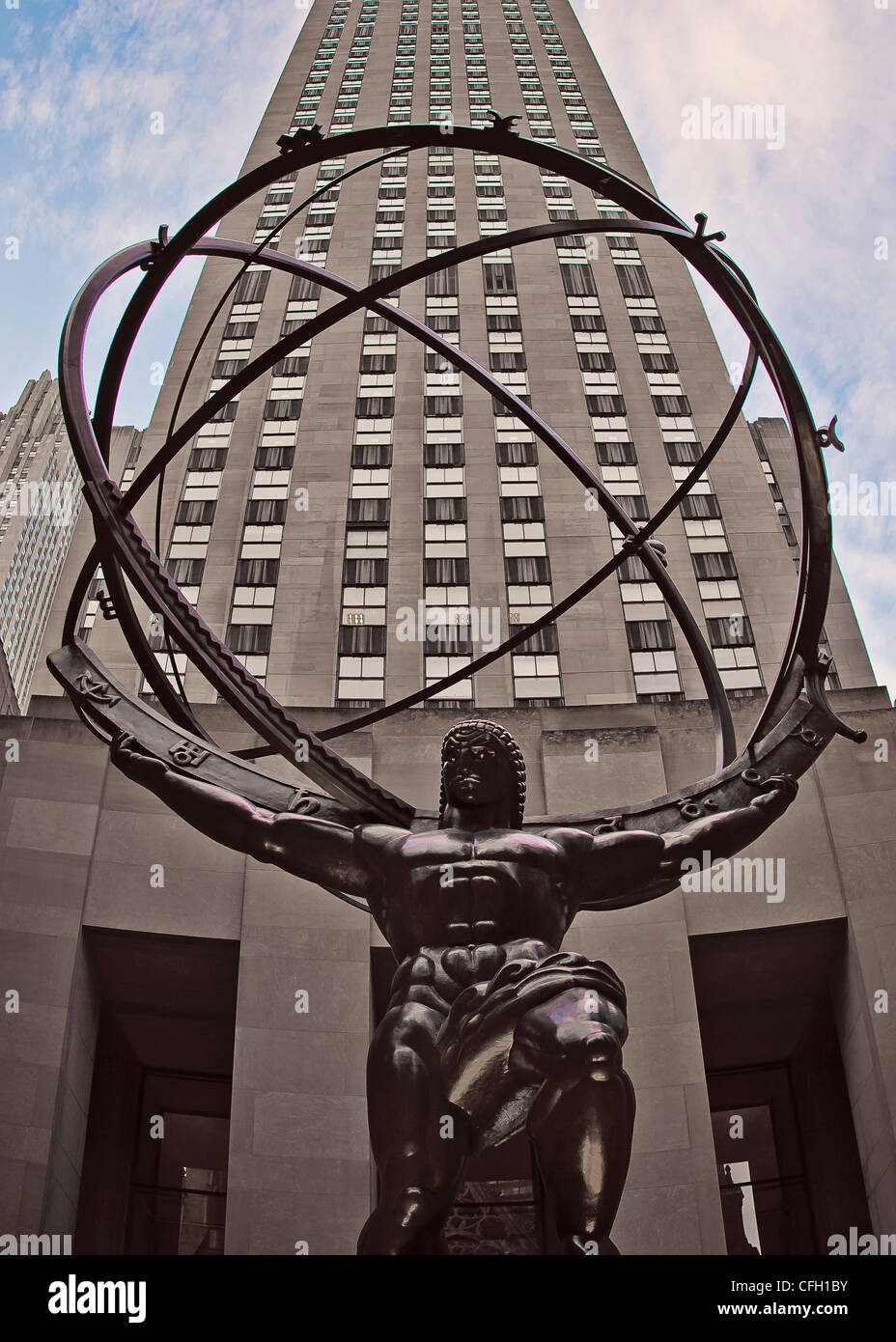 Hercules Statue in New York City. Hercules is holding the world Stock ...