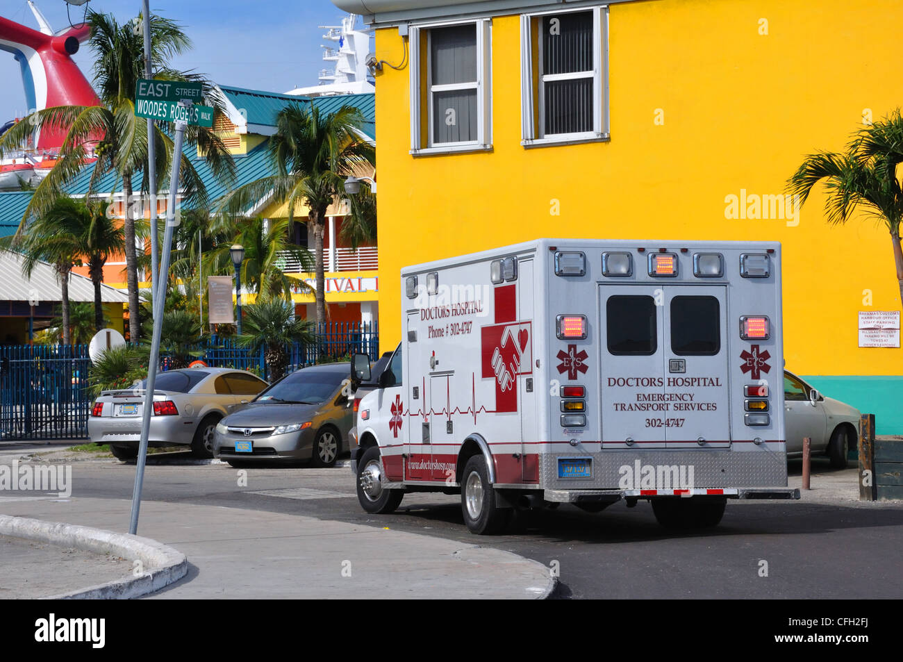 Emergency ambulance vehicle arriving at Carnival cruise ship docked in ...