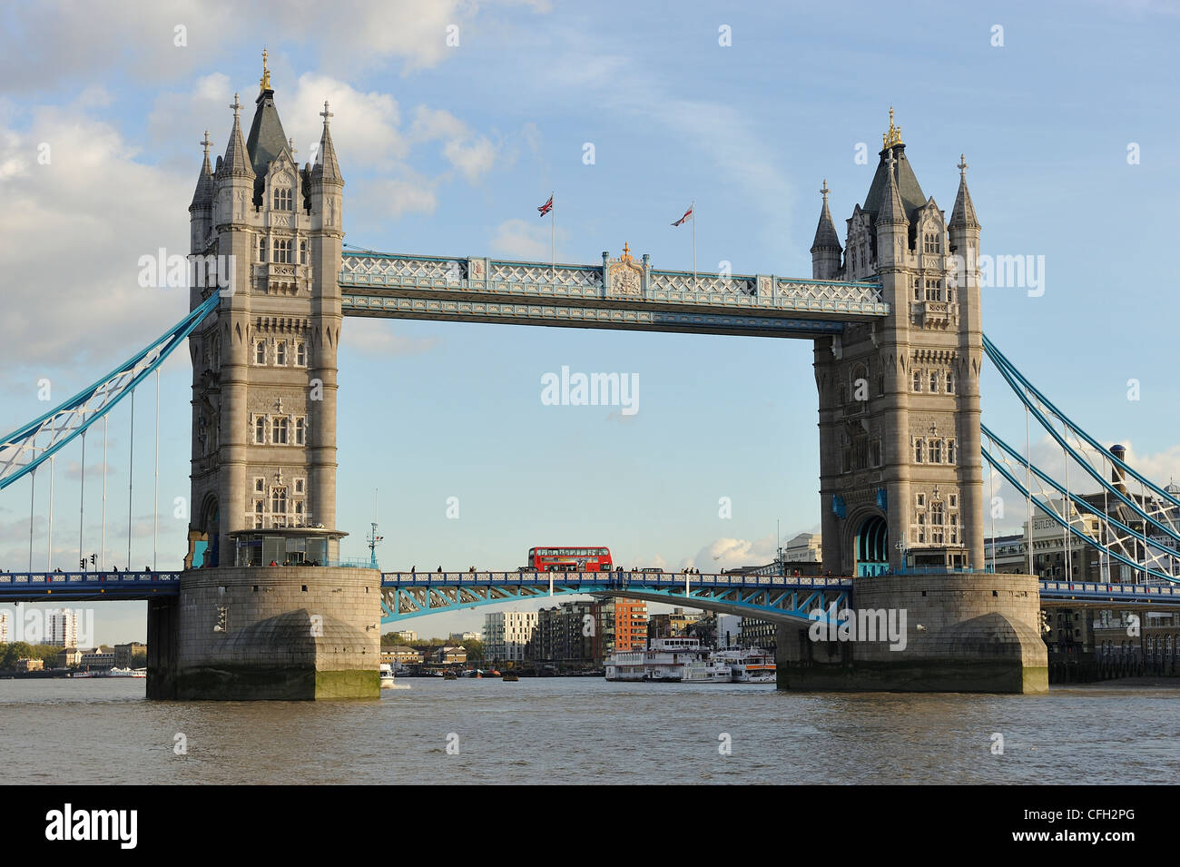 Tower Bridge red bus Thames River London England UK Stock Photo - Alamy