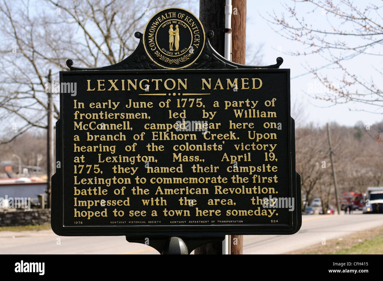 Roadside marker for the naming of the city of Lexington in Kentucky in ...