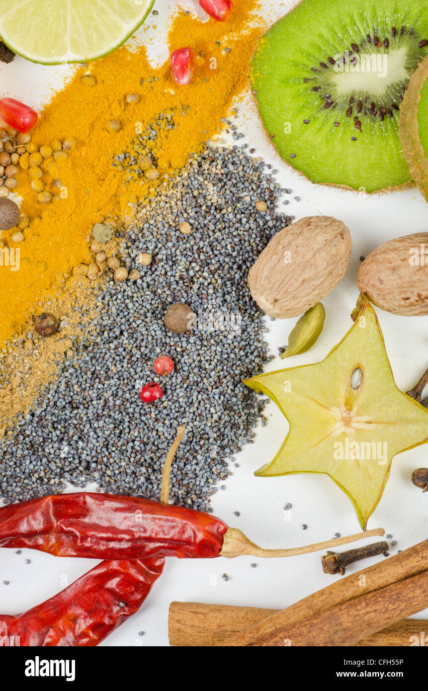 Colorful spices on a white background - beautiful kitchen image Stock ...