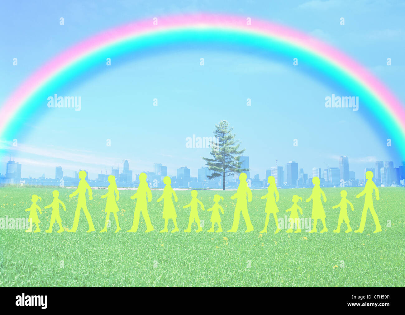 People walking under the rainbow Stock Photo - Alamy
