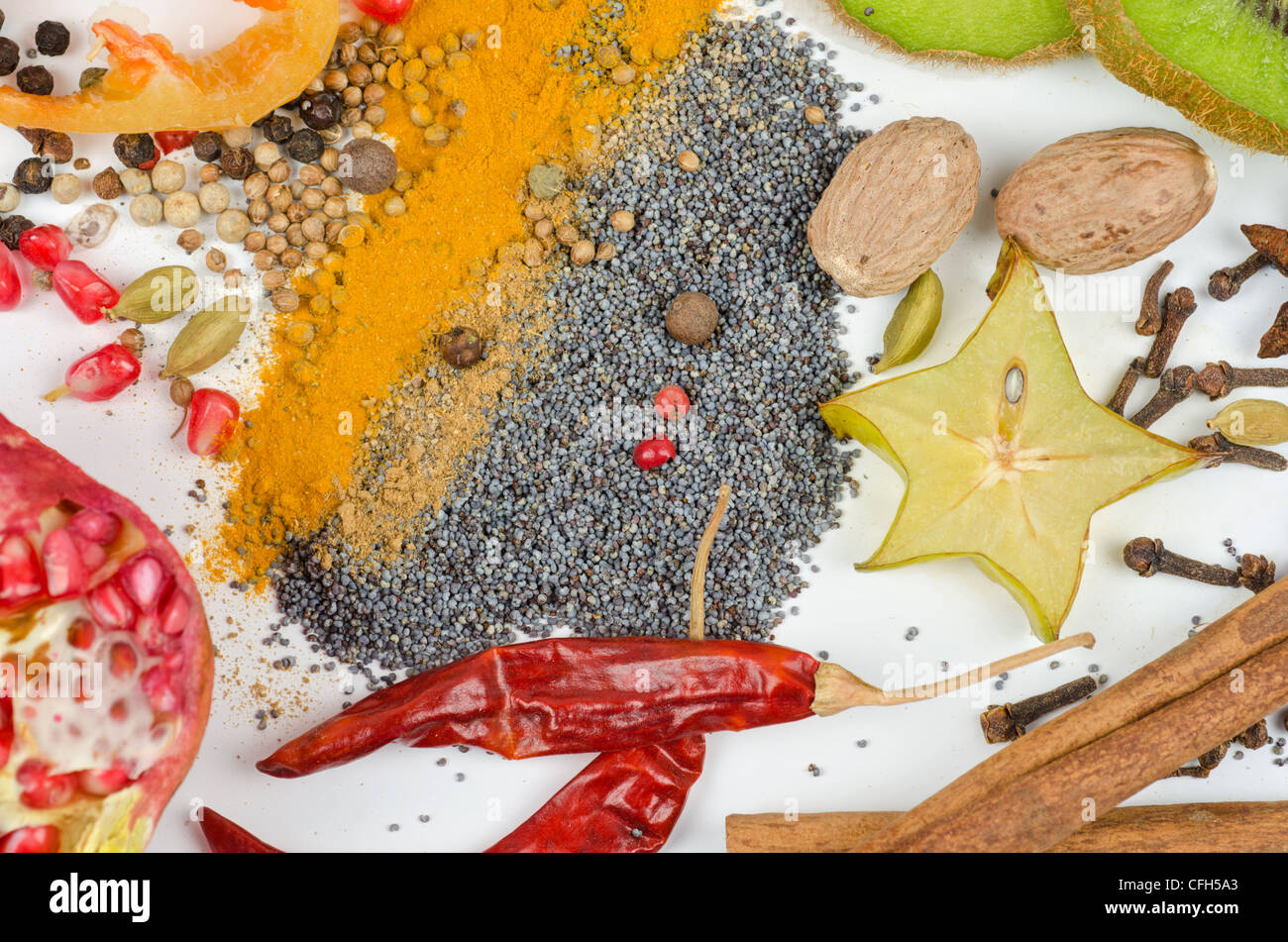 Colorful spices on a white background - beautiful kitchen image Stock ...