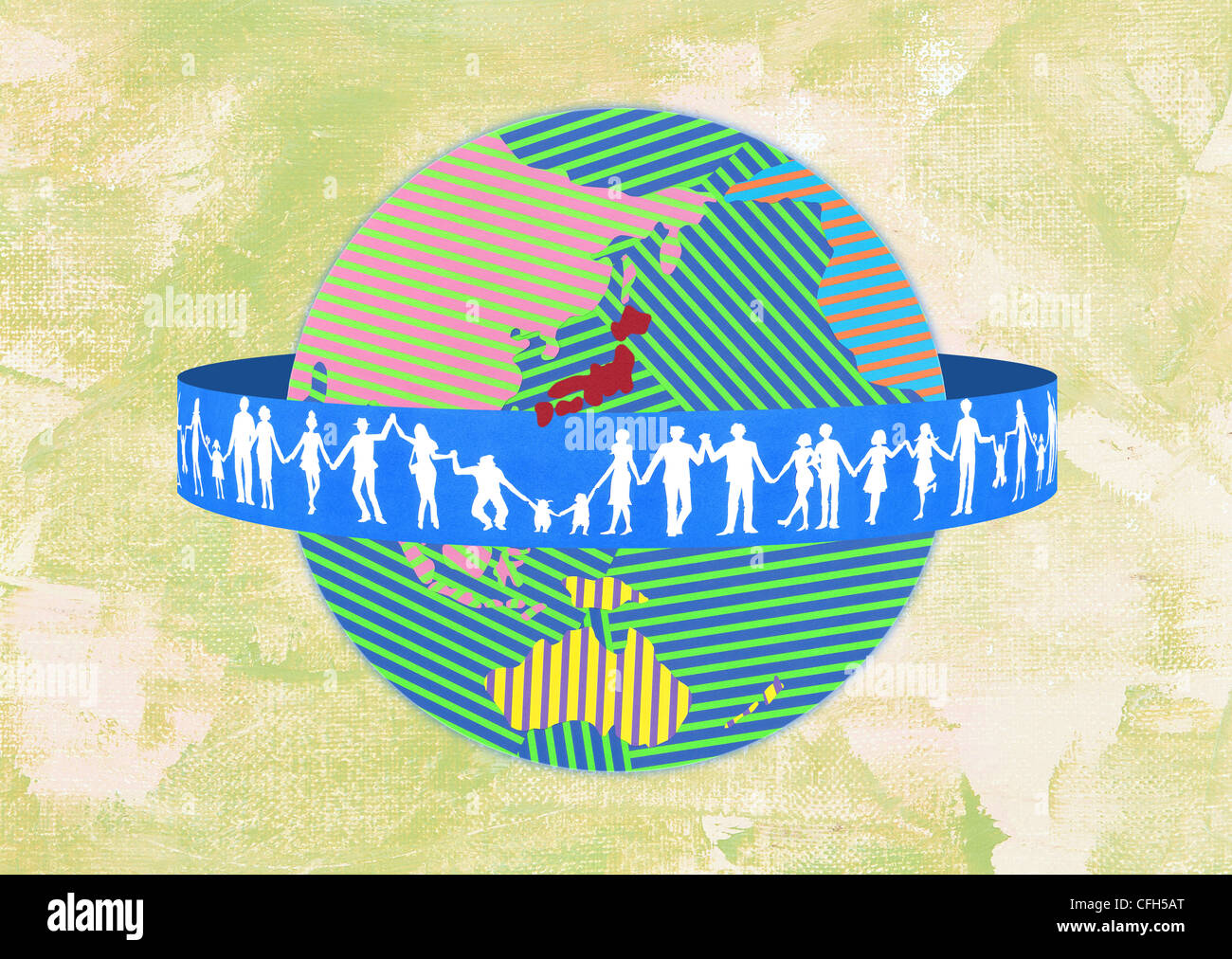 Globe and circle of people holding hands Stock Photo - Alamy