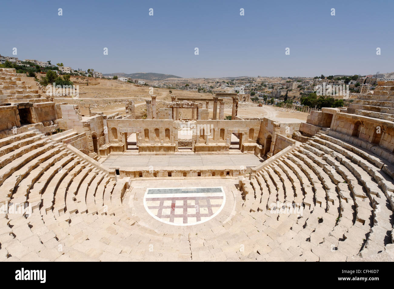 Jerash. Jordan. View of the North Theatre and its stage rows of seats ...