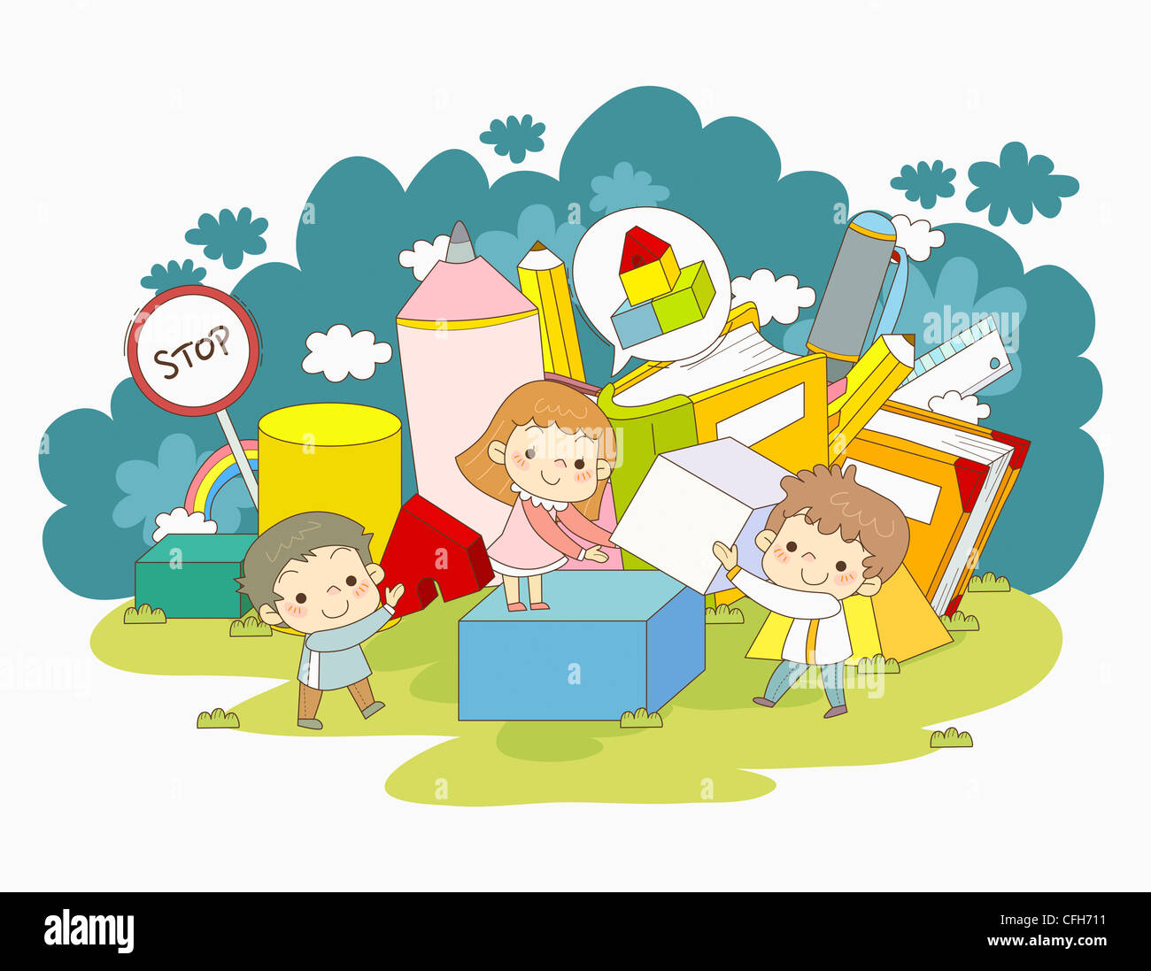 The children moving the blocks with the book, pencil, stop sign around ...