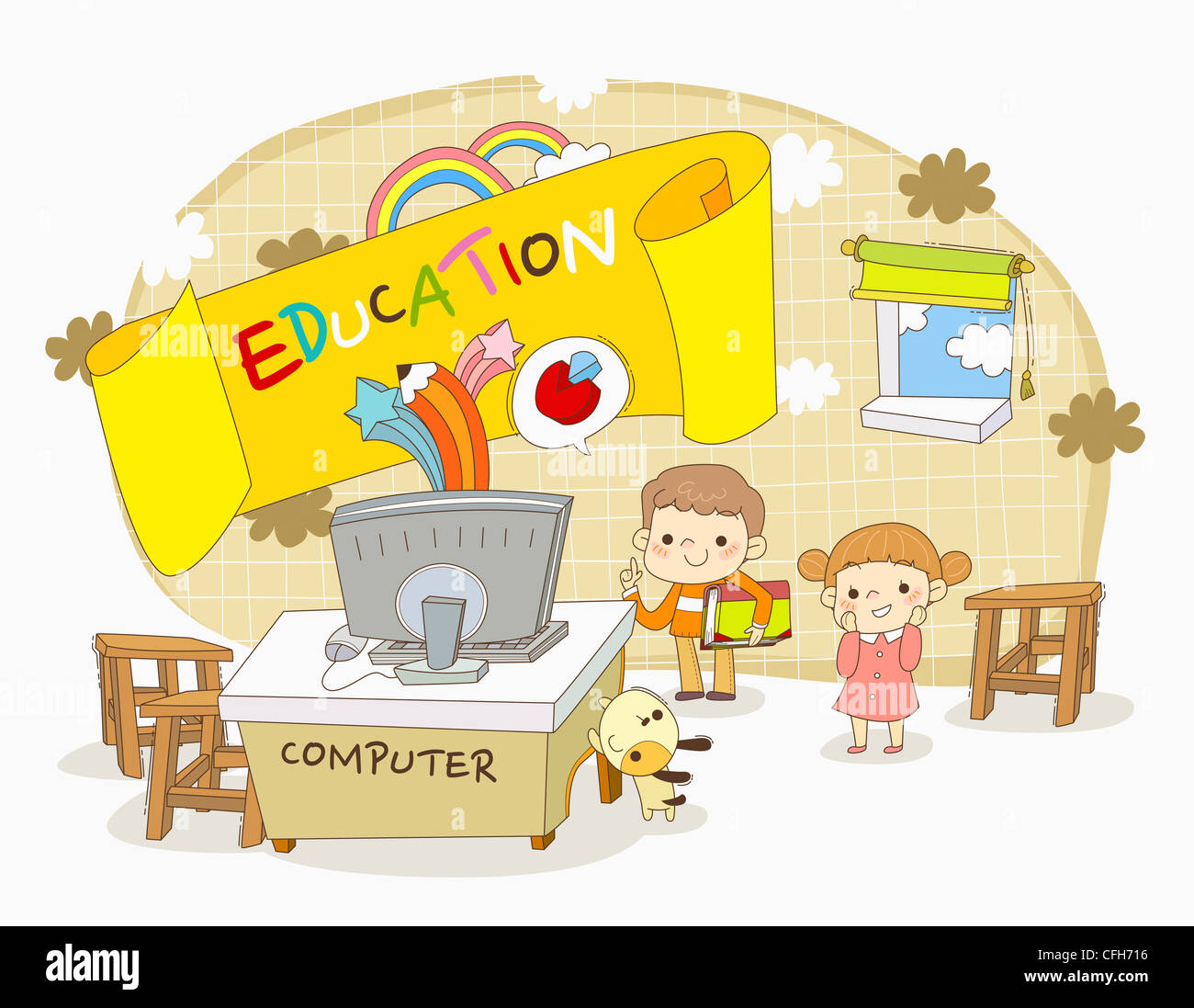 The children in the computer room with the Education paper around Stock ...