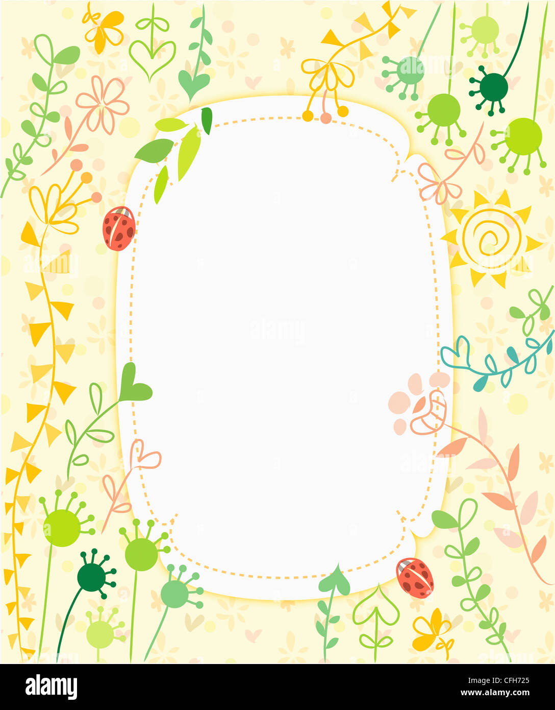 The yellow lined oval with the ladybug, flower, and leaf around Stock ...