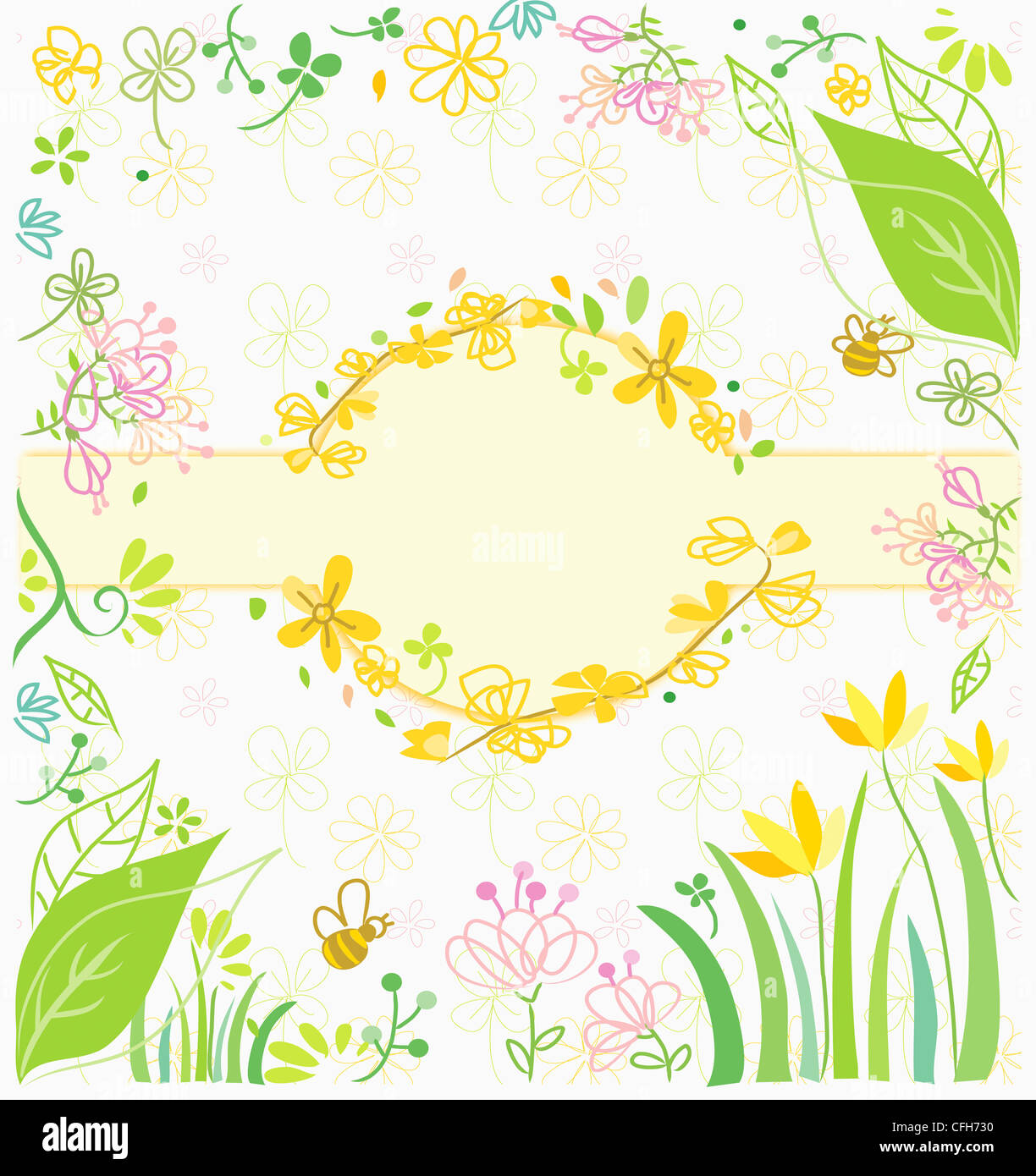 The yellow flower circle and line with the colorful flower and leaf ...